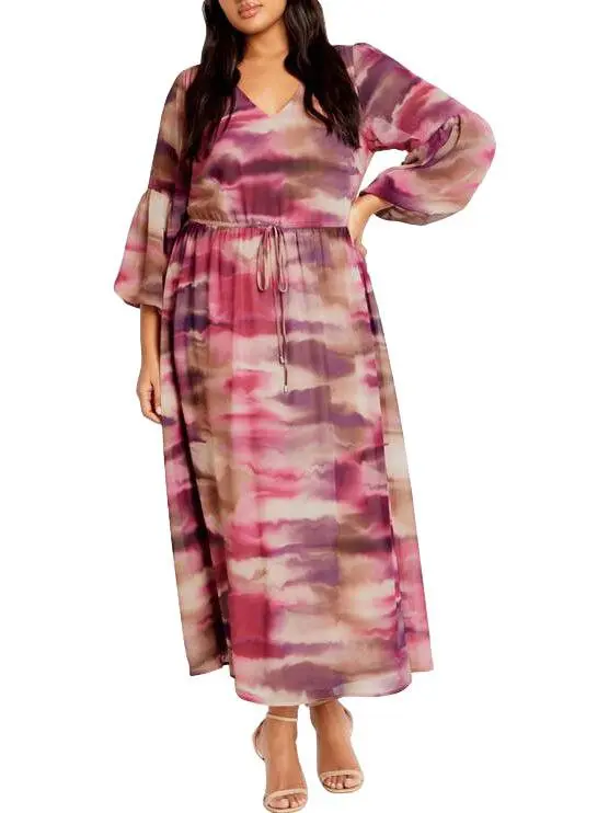 City Chic Printed Long Sleeve Maxi Dress - Pink Print