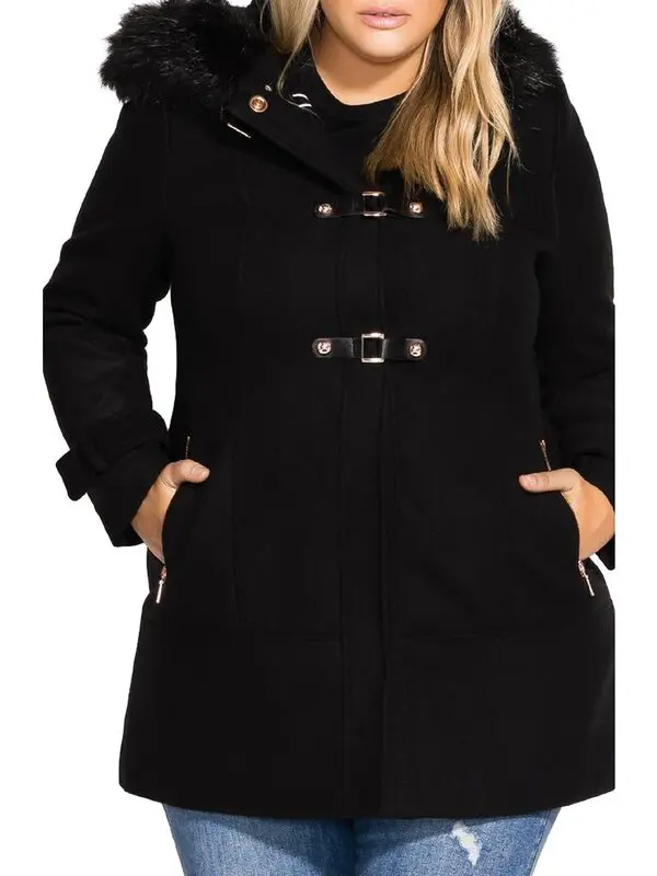 City Chic Faux Fur Trimmed Coat - Black