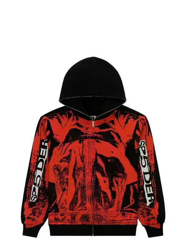 SP5DER Graphic Print Zipped Hoodie - Red