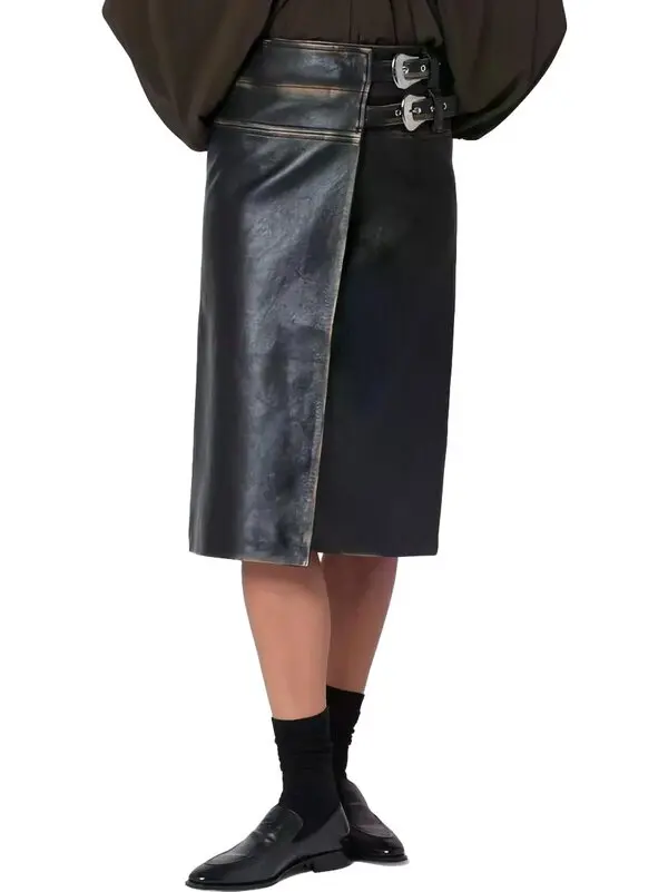NAMACHEKO Buckle Leather Midi Wrap Skirt - Black