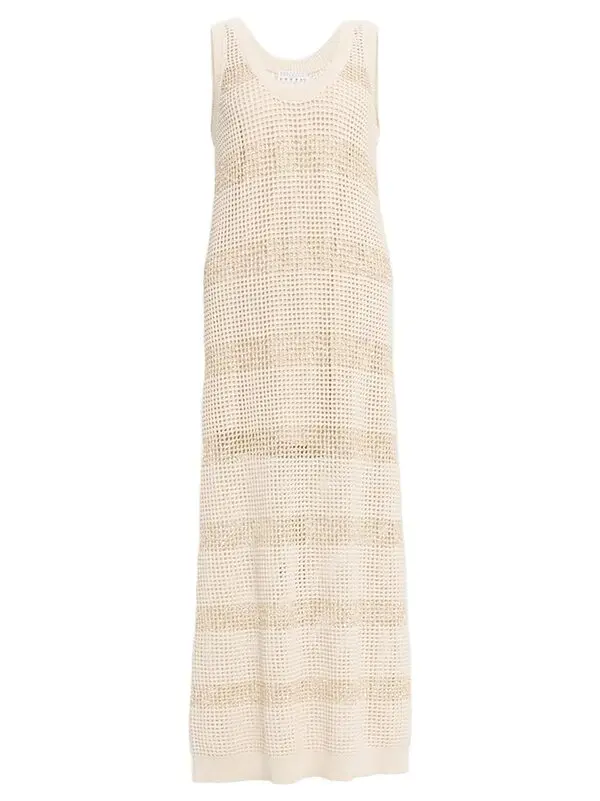 Brunello Cucinelli Striped Paillette Open-knit Sleeveless Maxi Dress - Avena