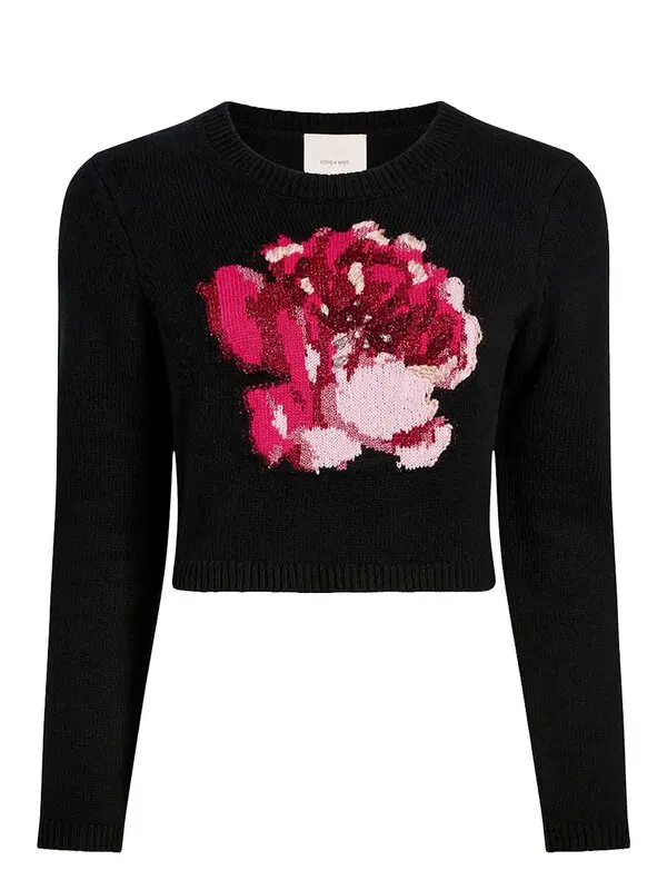 Cinq À Sept Issa Heritage Rose Cropped Sweater - Black/sheer Pink