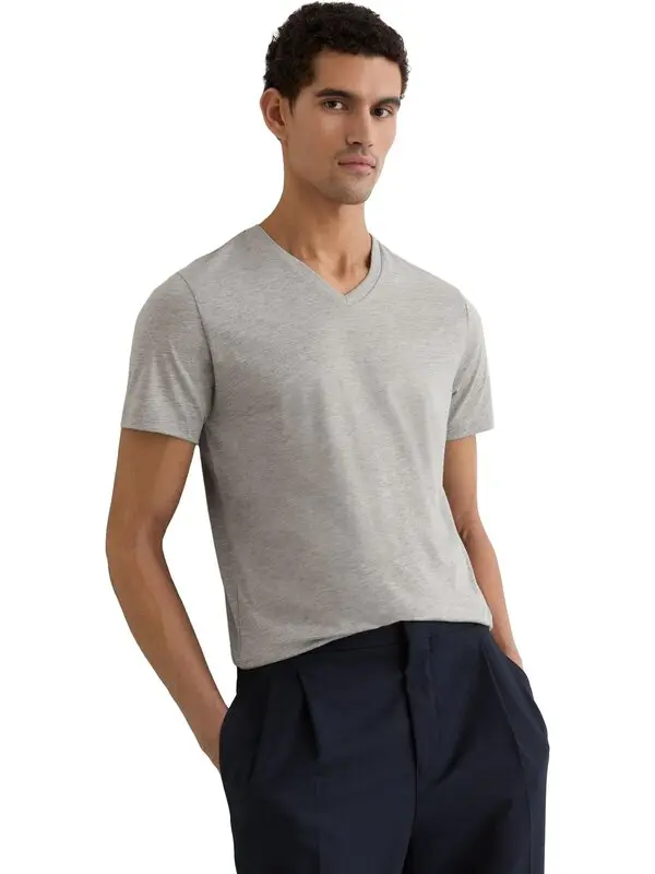 REISS Dayton Cotton V-neck T-shirt - Grey Melange
