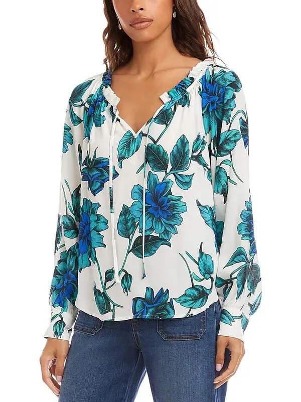 Karen Kane Blouson Sleeved Ruffle Tie Neck Peasant Top - Floral