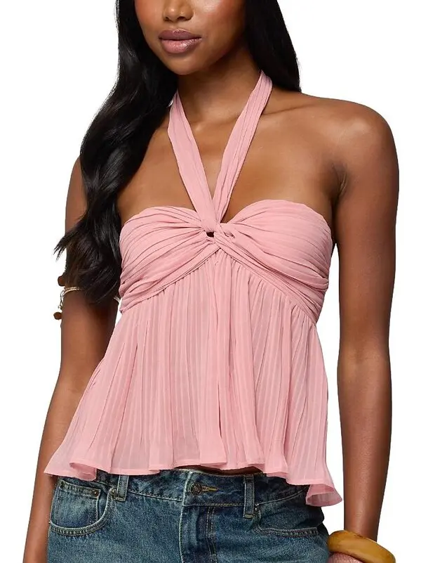 EDIKTED Pleated Chiffon Babydoll Halter Top - Pink