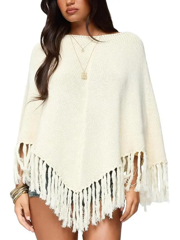 EDIKTED Fringe Knit Poncho - Cream