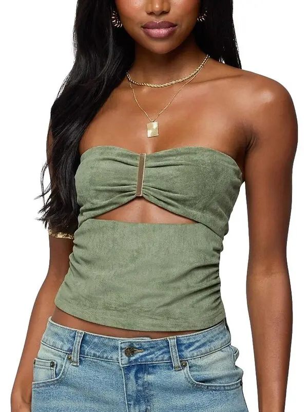 EDIKTED Kalina Cutout Faux Suede Strapless Top - Olive