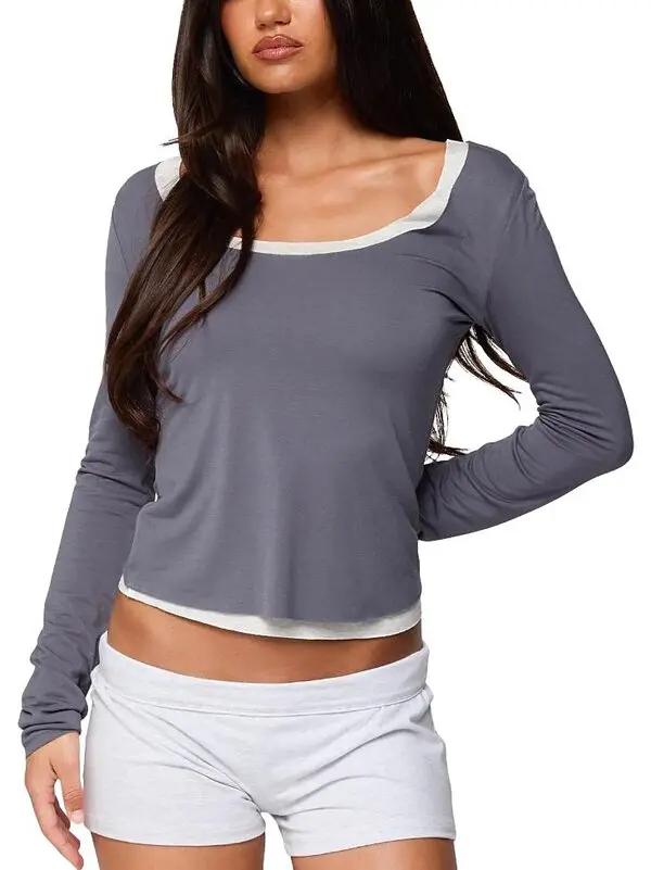 EDIKTED Orella Contrast Layered Long Sleeve Top - Navy