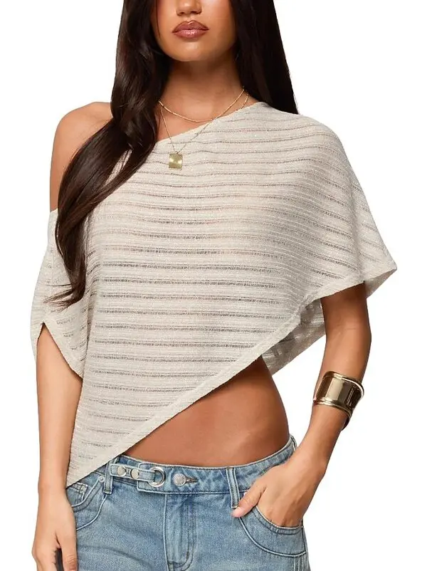 EDIKTED Asymmetric Off Shoulder Knit Poncho - Beige