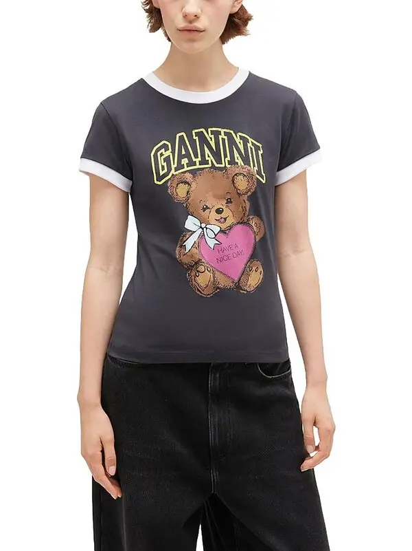GANNI Cropped Teddy Logo Graphic Tee - Phantom