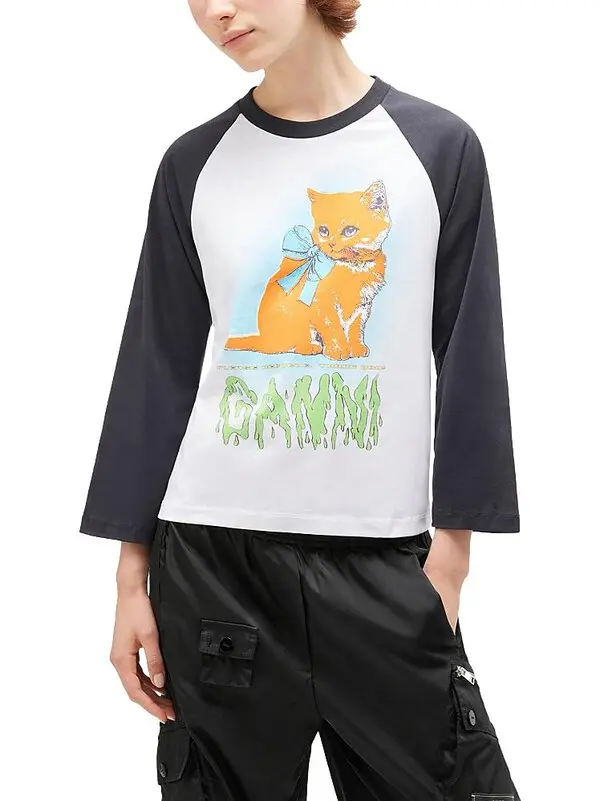 GANNI Cropped Kitty Logo Graphic Tee - Bright White