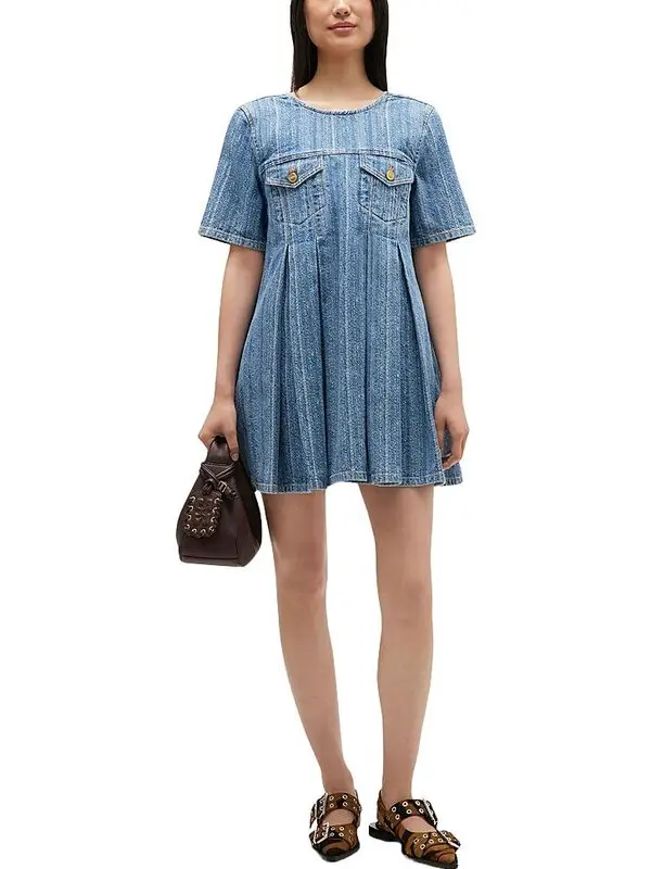 GANNI Striped Denim Pleated Dress - Mid Blue Stone