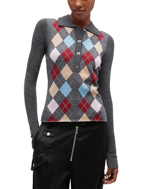 GANNI Fine Merino Wool Jacquard Knitted Polo Shirt - Paloma