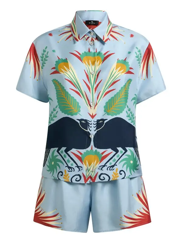 Etro Printed Silk Shirt And Shorts Set - Light Blue