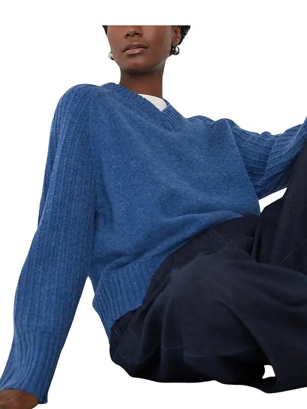 Whistles Wool Ribbed Sleeve V Neck Knit Sweater - Blue