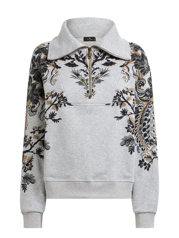 Etro Cut & Sew Cotton Sweatshirt With Half Zip And Stand Collar - Light Grey