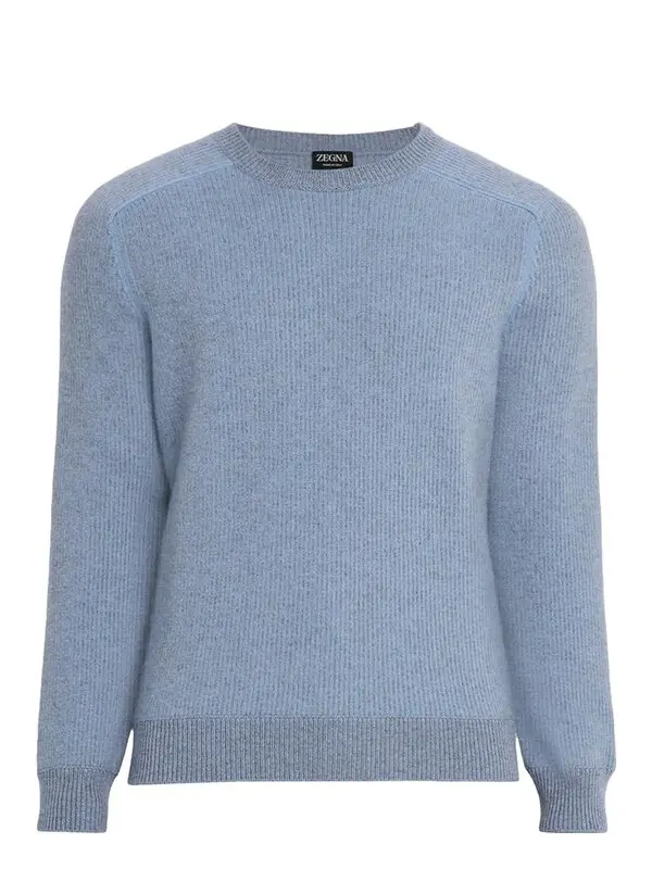 Zegna Cashmere Rib Saddle Crewneck Sweater - Blue