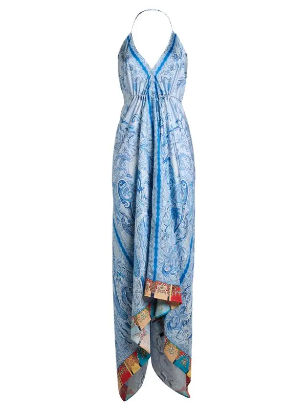 Etro Patterned Halterneck Asymmetrical Midi Dress - Light Blue