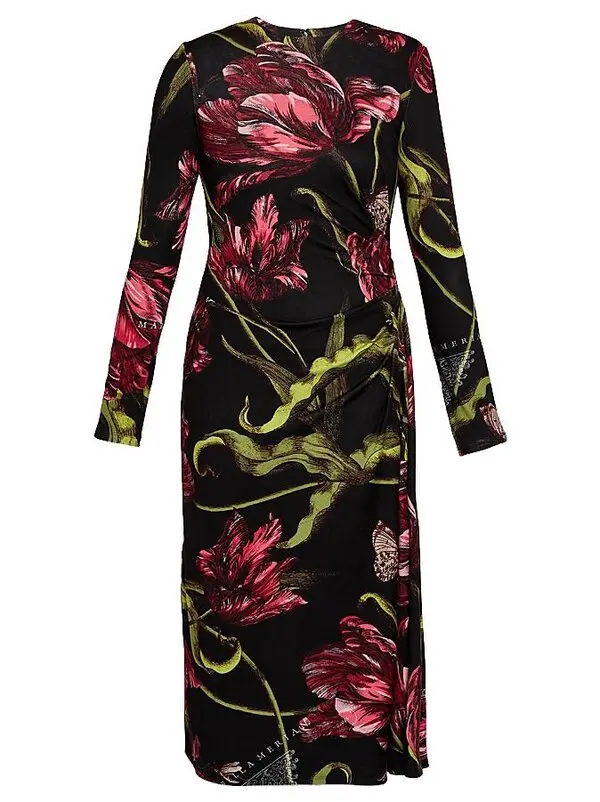 Erdem Long Sleeve Draped Midi Dress - Etched Tulip Cherry