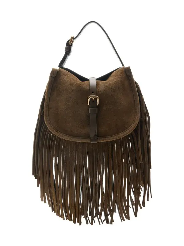 Etro Small Pony Suede Crossbody Bag With Fringe - Olive