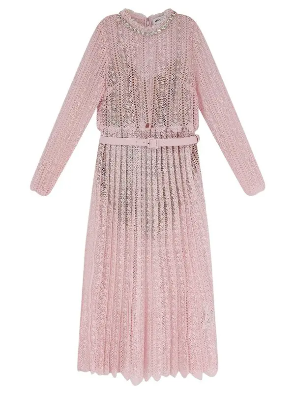 SELF-PORTRAIT Lace Long Dress With Belt - Pink
