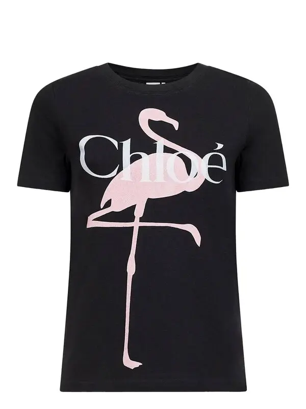 Chloé Cotton T-shirt With Flamingo Print - Black