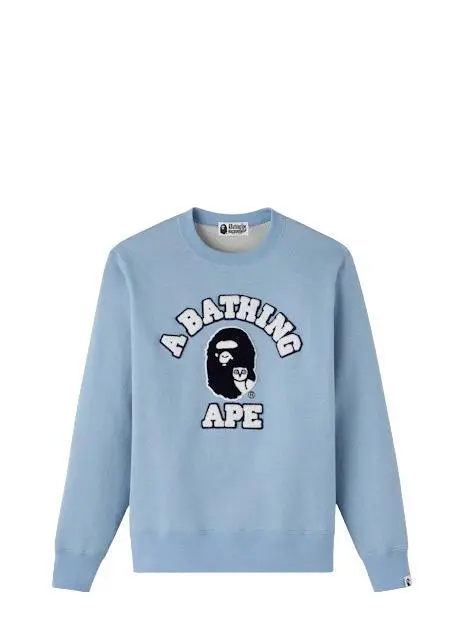 OVO X Bape Denim Fleece College Crewneck Sweatshirt - Light Indigo