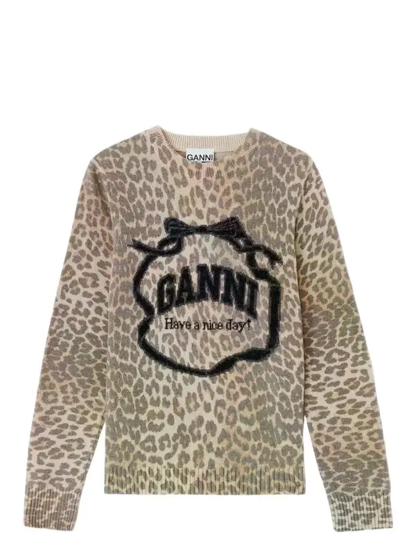 GANNI Leopard-print Sweater With Logo Detail - Brown