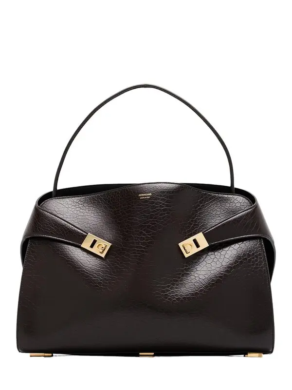 FERRAGAMO Hug Maxi Grain Leather Shoulder Bag - Dkbrwn