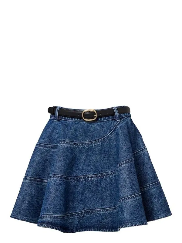 SELF-PORTRAIT Belted Denim Miniskirt - Blue