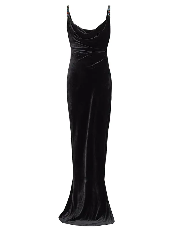 Balmain Velvet Gown With Embellished Straps - Black