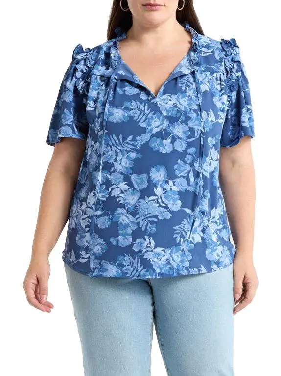 SUGARLIPS Floral Ruffle Top - Navy-blue