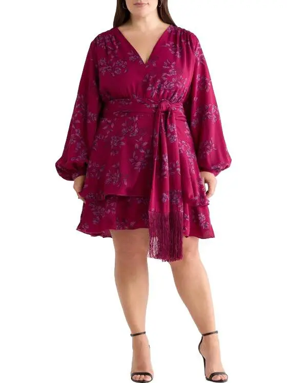 SUGARLIPS Floral Print Fringe Long Sleeve Dress - Magenta-mult