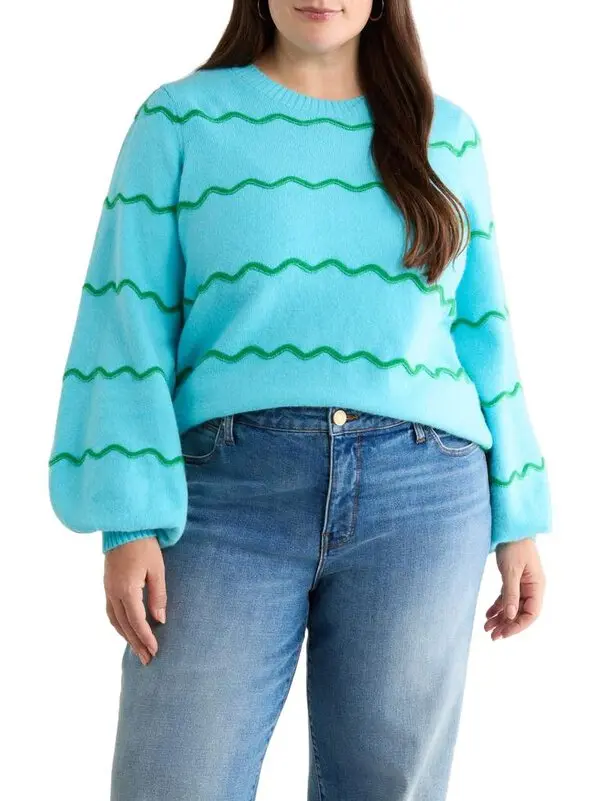 SUGARLIPS Maeverly Wavy Striped Crewneck Sweater - Cerulean-blue