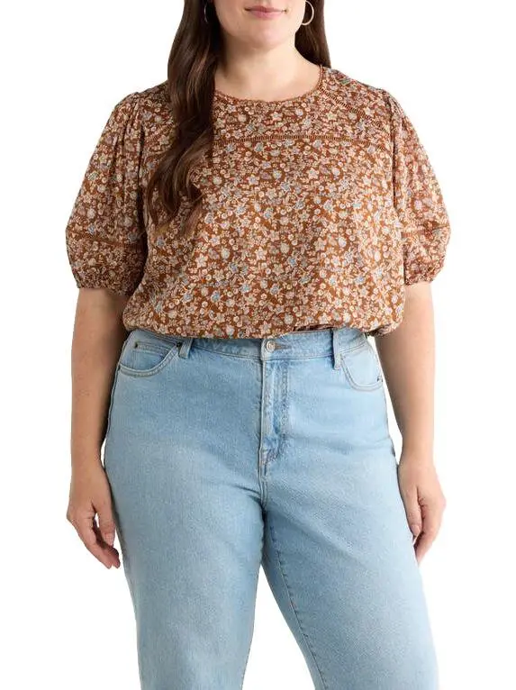 SUGARLIPS Floral Puff Sleeve Cotton Top - Brown-mult