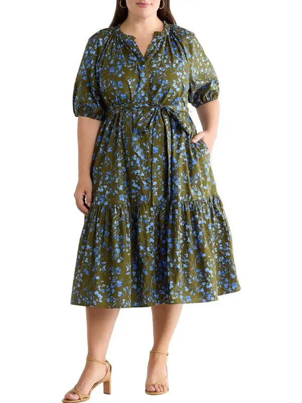 SUGARLIPS Floral Cotton Tiered Midi Shirtdress - Green-blue-multi