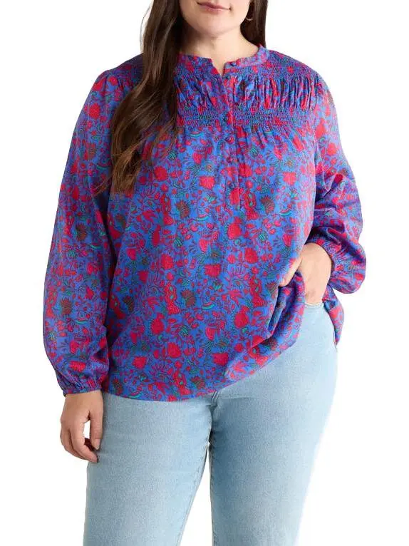 SUGARLIPS Tanya Floral Smocked Top - Blue-fuchsia