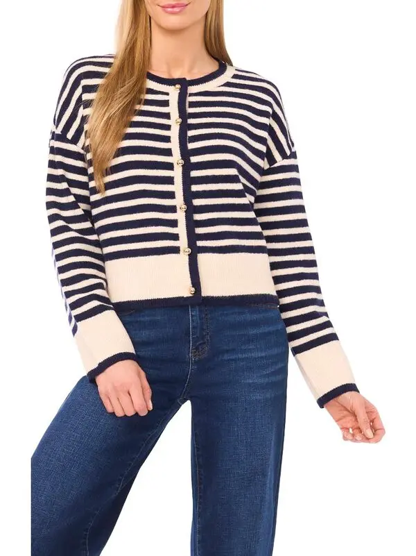 CECE DUPRAZ Striped Crewneck Cardigan - Classic Navy