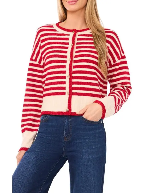 CECE DUPRAZ Striped Crewneck Cardigan - Royal Red