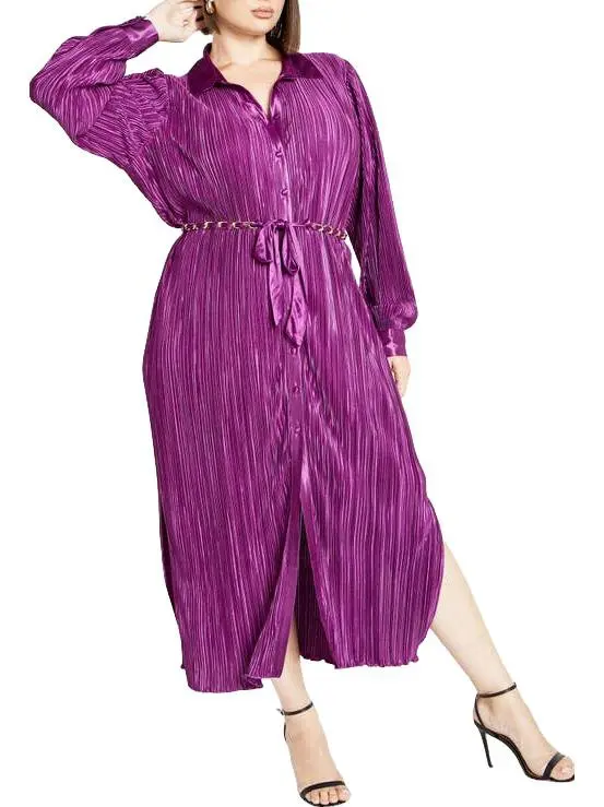 City Chic Andi Long Sleeve Plissé Maxi Shirt Dress - Magenta