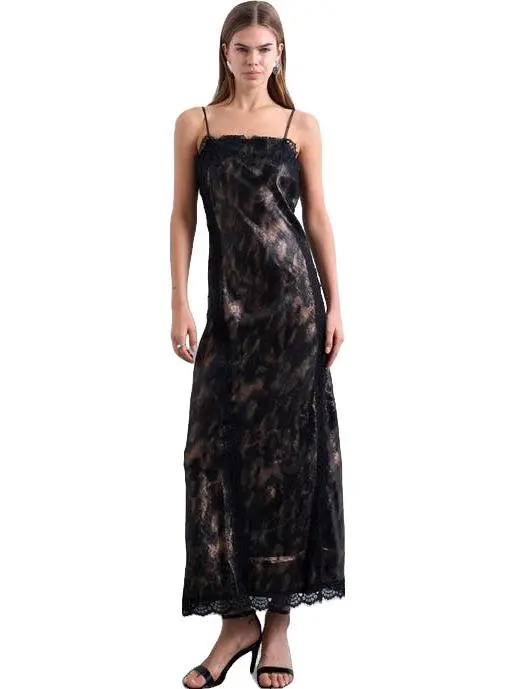 Topshop Lace Trim Satin Maxi Dress - Silver Black Print
