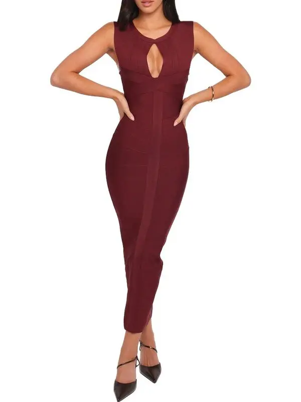 PETAL & PUP Josiah Keyhole Body-con Midi Dress - Burgundy