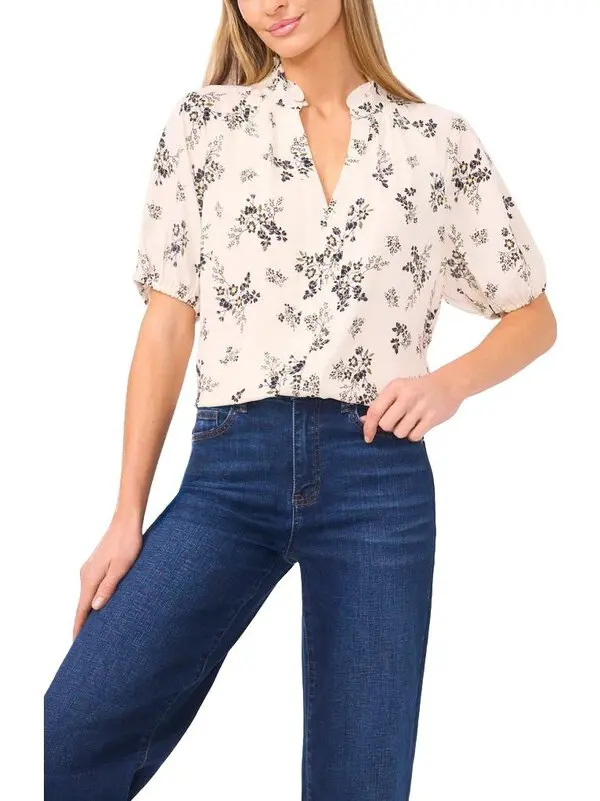 CECE DUPRAZ Floral Ruffle V-neck Georgette Top - Buttercream