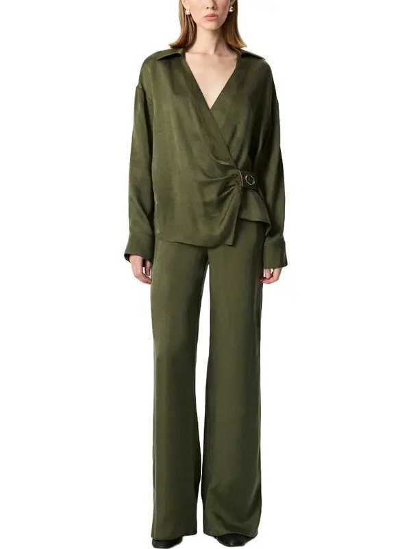 NOCTURNE Logo Buckle Wrap Blouse - Dark Green