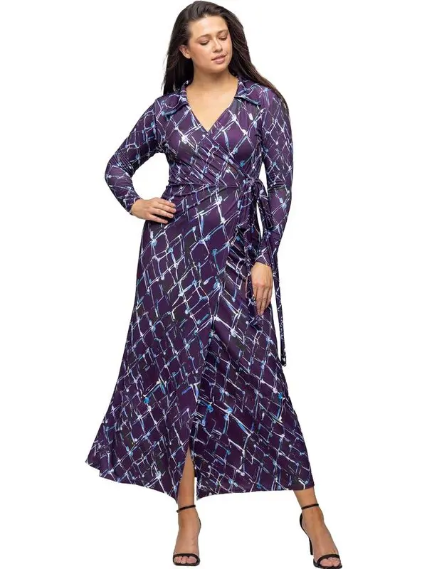 24SEVEN COMFORT APPAREL Printed Collared Wrap Maxi Dress - Purple Multi