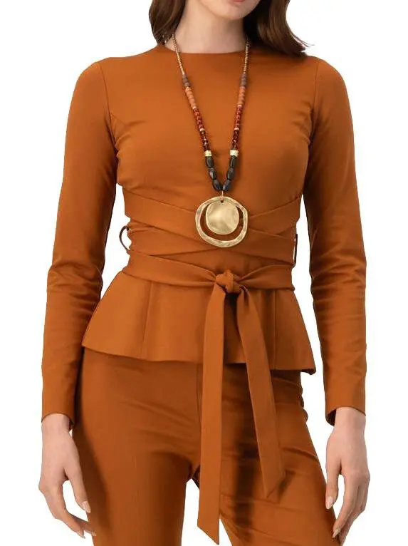 IVONNE Long Sleeve Tie Top - Brown