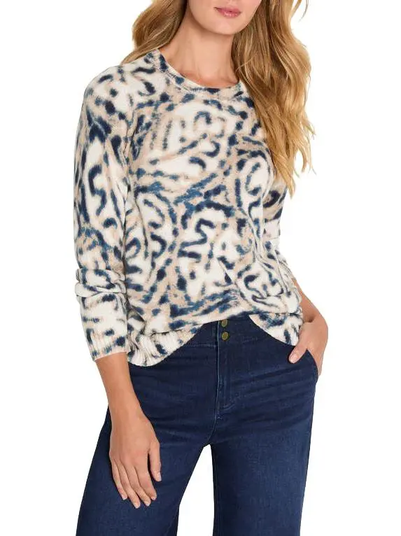 NIC+ZOE Supersoft Blurry Leaf Print Pullover Sweater - Indigo Multi