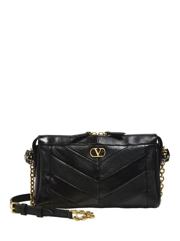 Valentino Garavani Small Panthea Chevron Patchwork Leather Shoulder Bag - Black