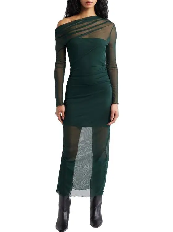 Mango Aitana Asymmetric Neck Semisheer Midi Dress - Green