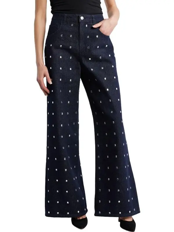 Mango Leo Crystal Embellished Wide Leg Jeans - Open Blue
